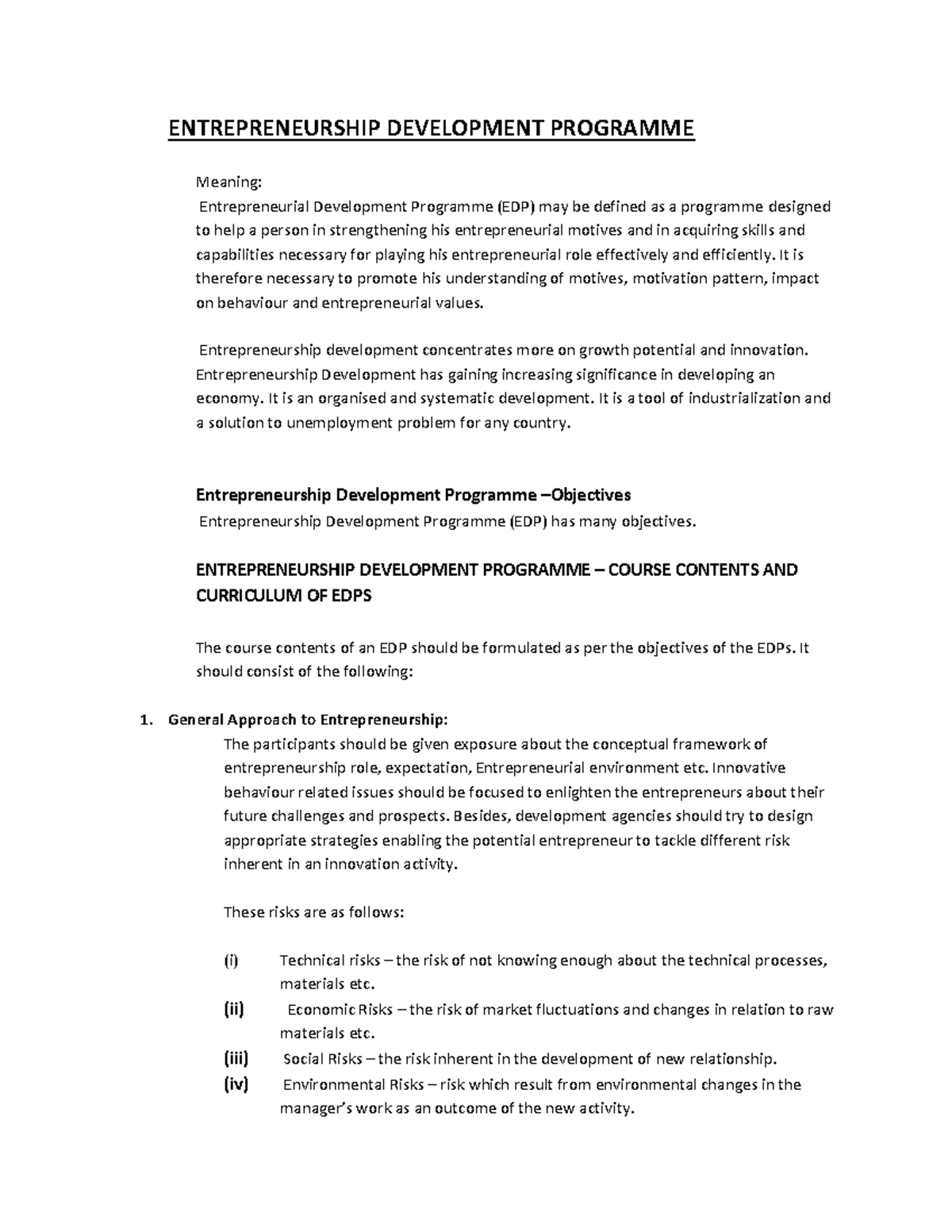 Entrepreneurship Development Programme - ENTREPRENEURSHIP DEVELOPMENT ...