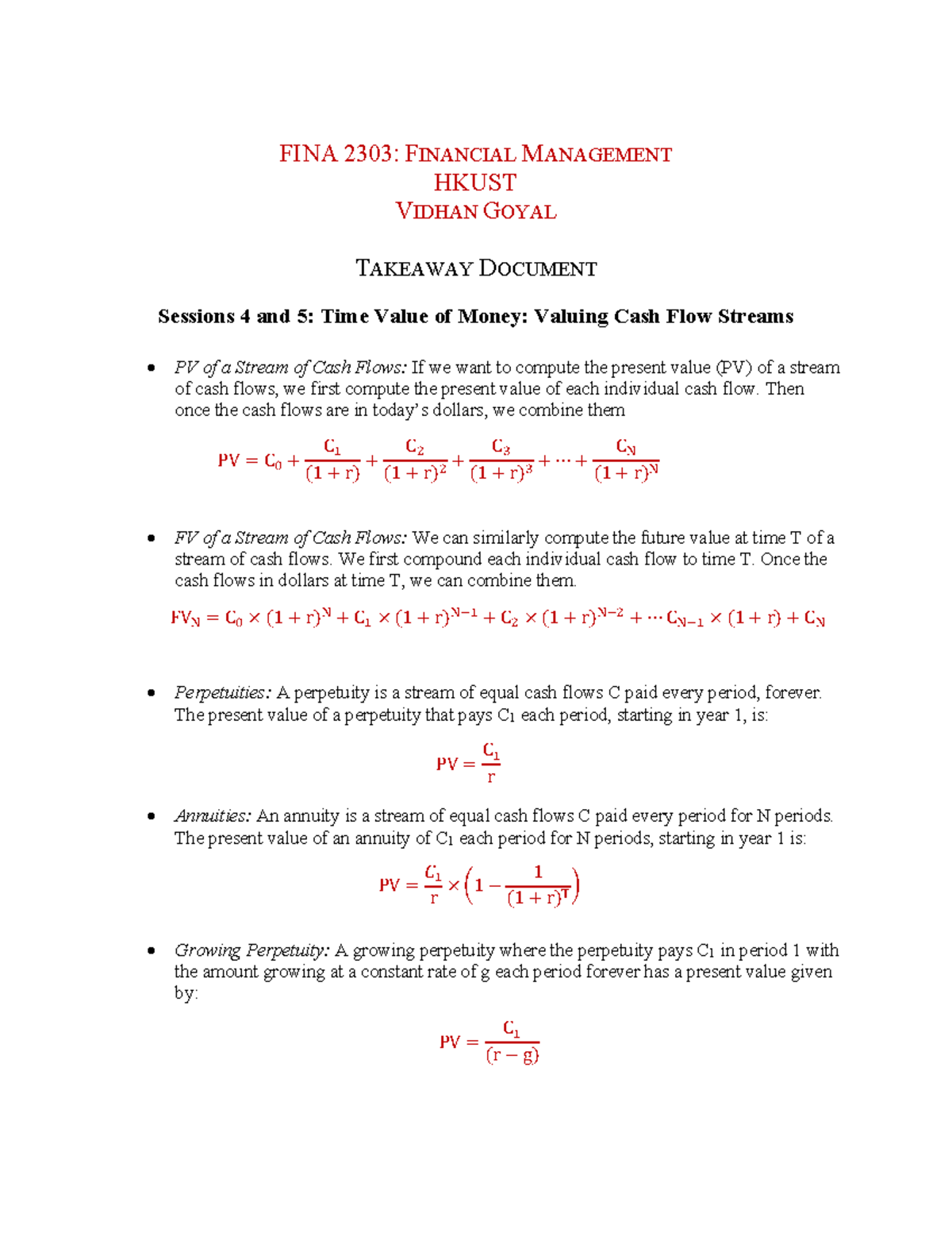 Takeaways Sessions 4and5 - FINA 2303: FINANCIAL MANAGEMENT HKUST VIDHAN ...