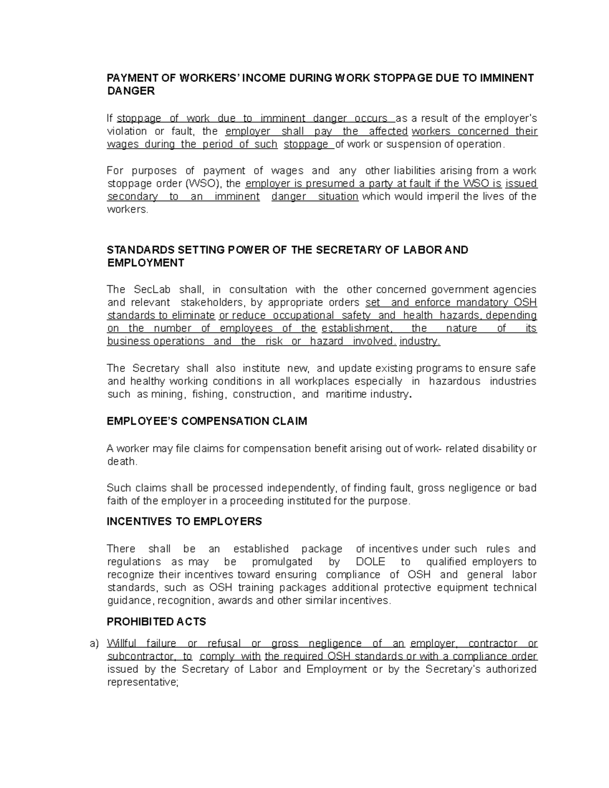 Construction Occupational Safety Health - PAYMENT OF WORKERS’ INCOME ...