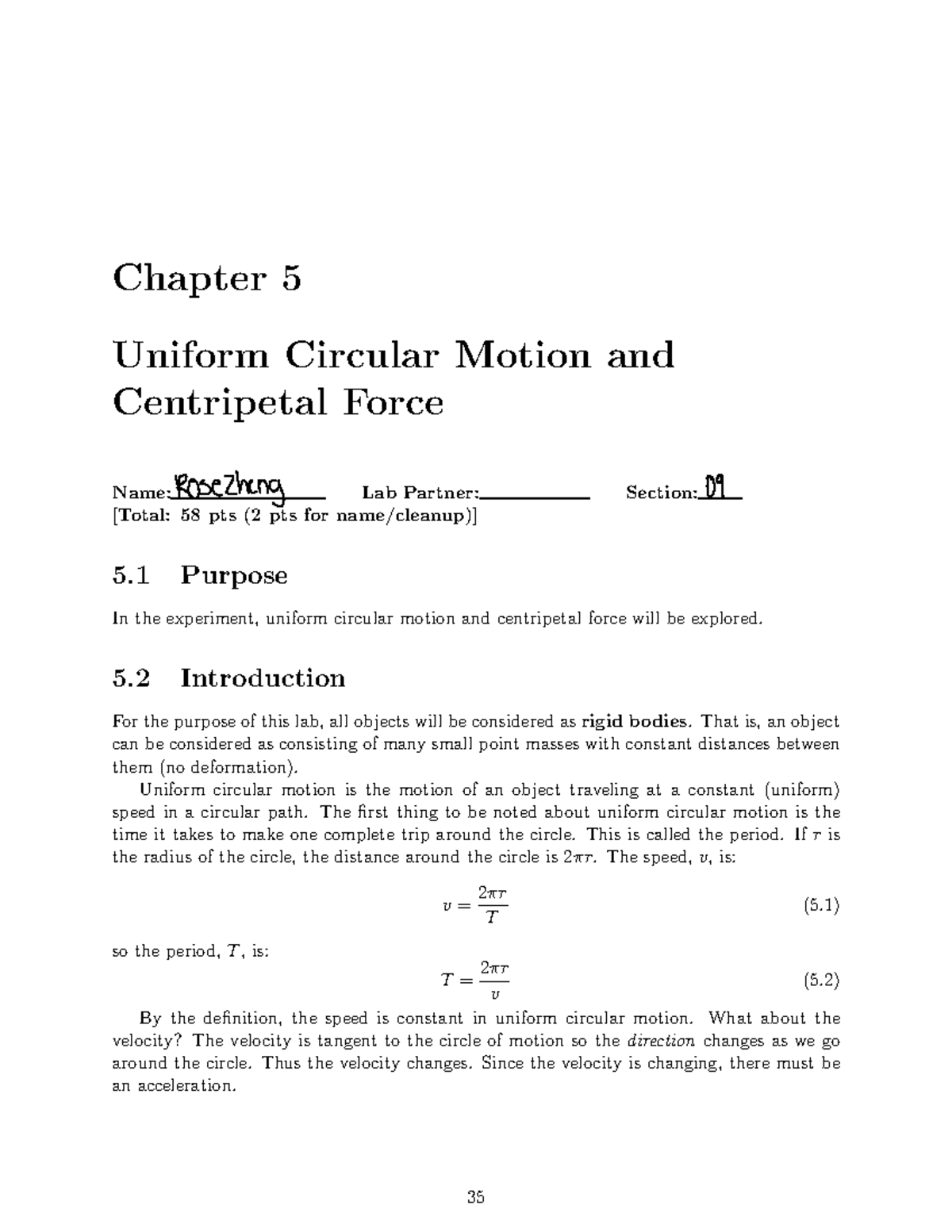 Lab A5 Report - Chapter 5 Uniform Circular Motion and Centripetal Force ...