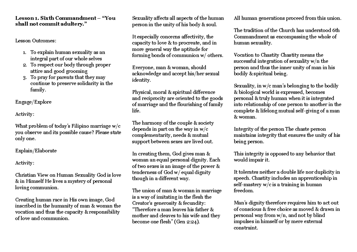 6th- Commandment - Nothing - Lesson 1. Sixth Commandment – “You shall not commit adultery ...