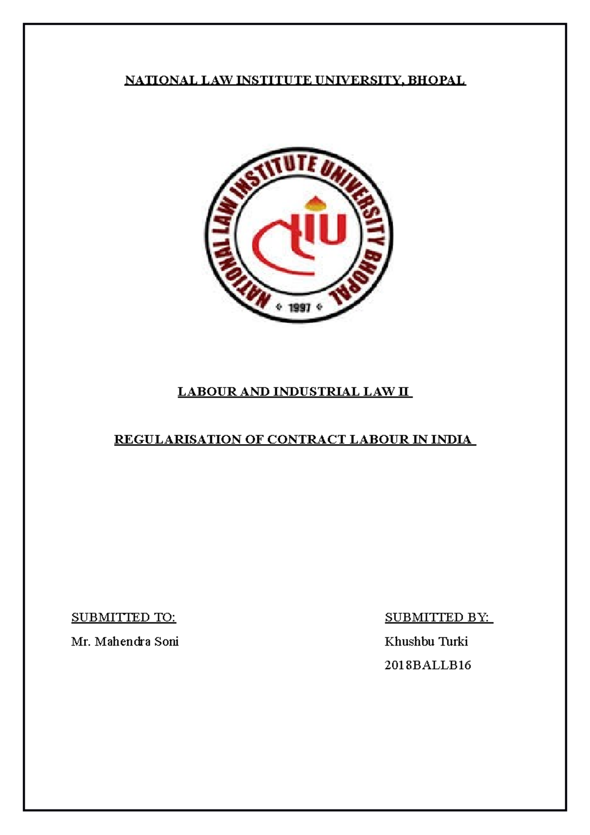 labour law seminar paper - NATIONAL LAW INSTITUTE UNIVERSITY, BHOPAL ...