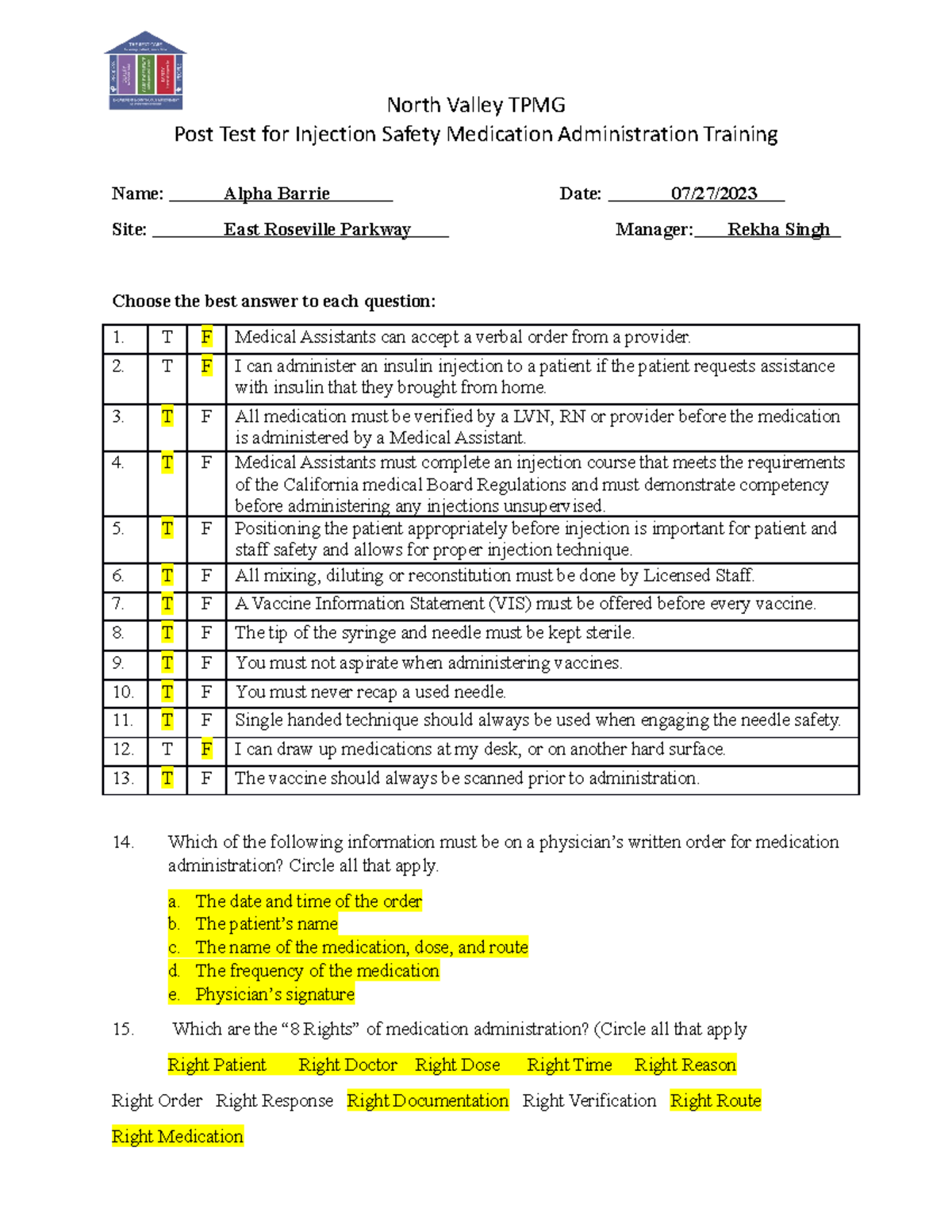 Inj Training Post Test - updated - North Valley TPMG Post Test for ...