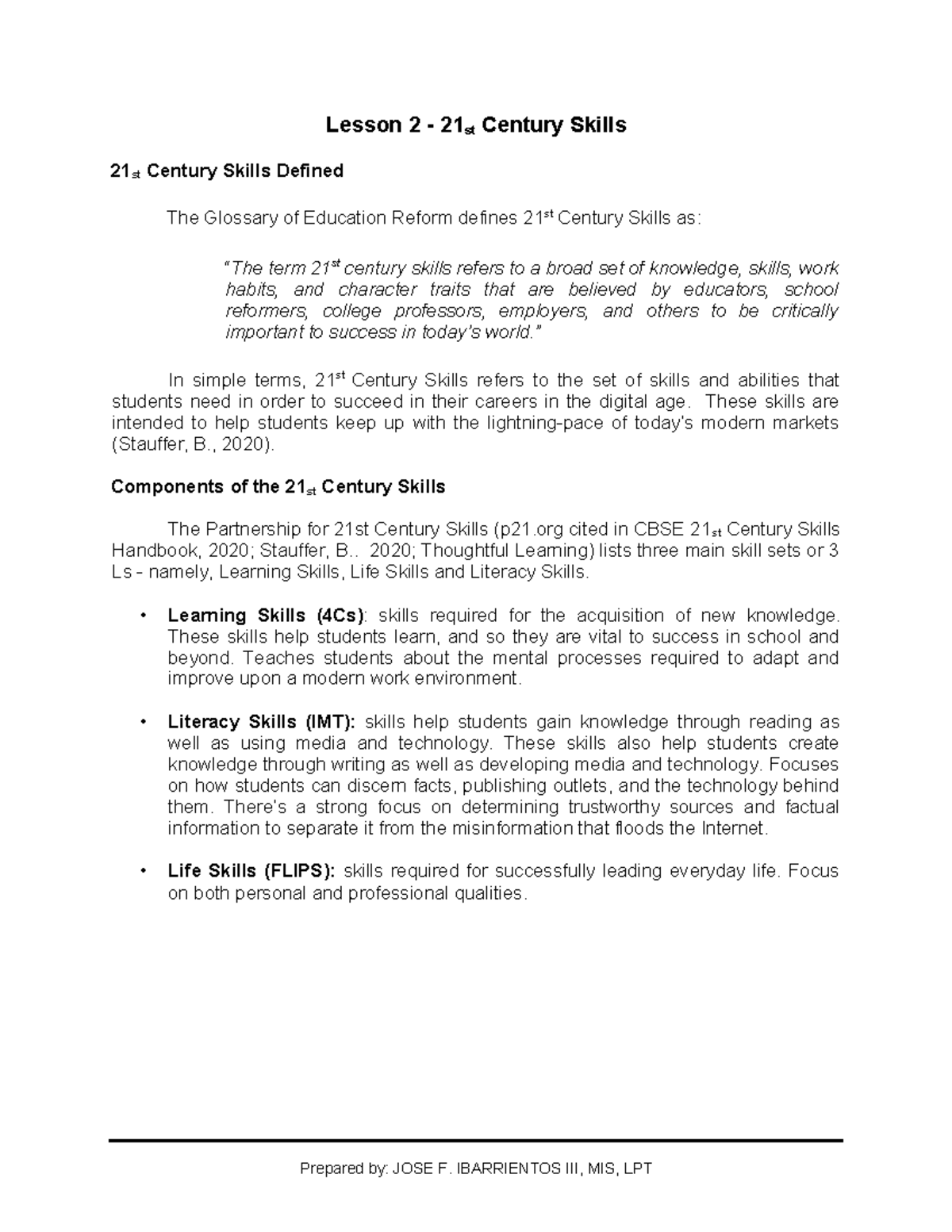 TTL 2- Lesson 3 - It is only a handout of the topic "21st century Skills." - Lesson 2 - 21st ...
