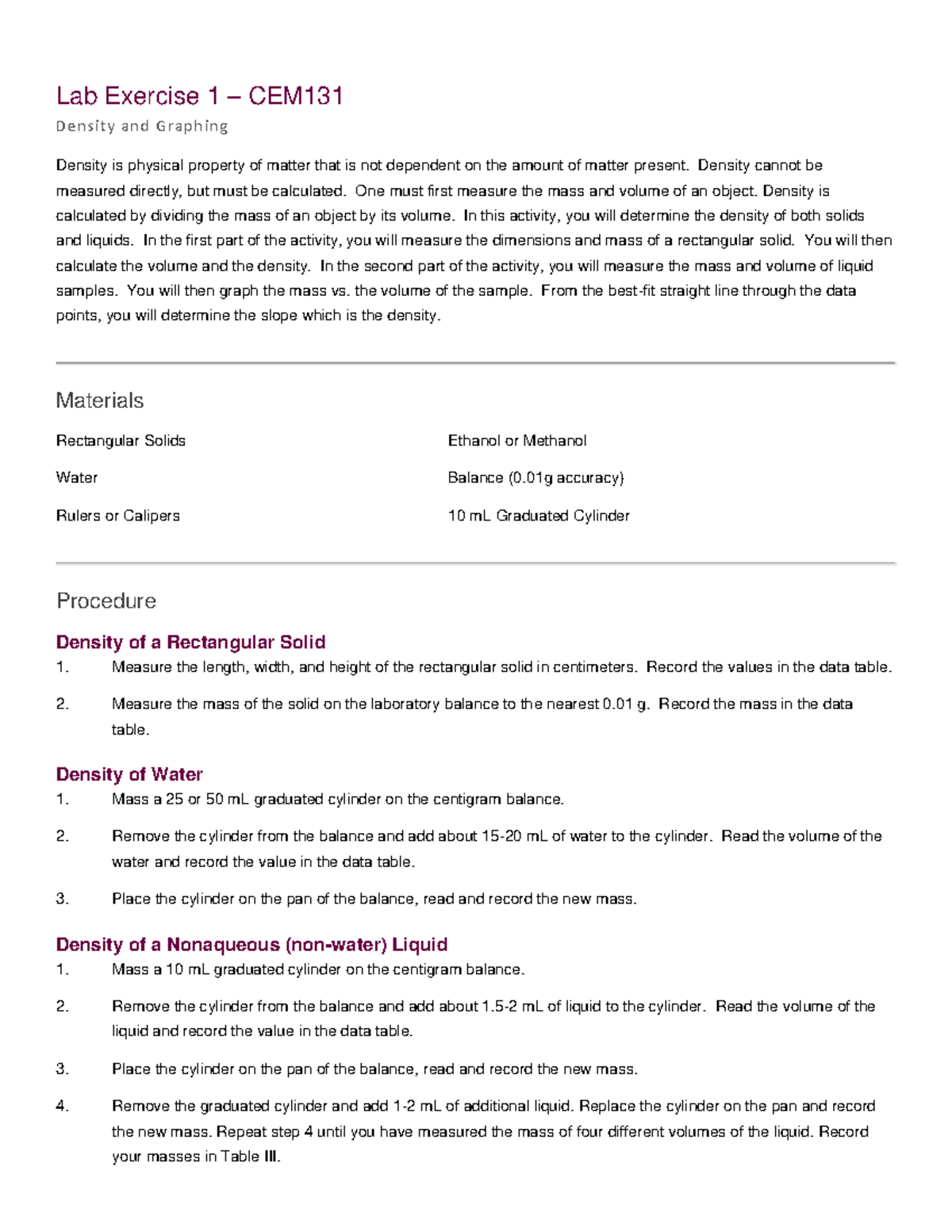 Lab Exercise 1 - lab - Lab Exercise 1 – CEM1 31 D ensity and Gra ph ing ...