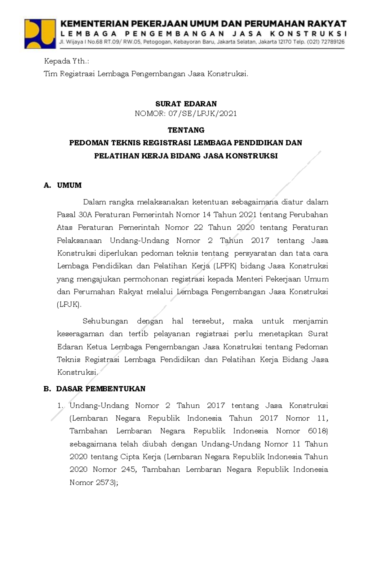 07.SE.LPJK Pedoman Teknis Registrasi Lembaga Pendidikan dan Pelatihan ...