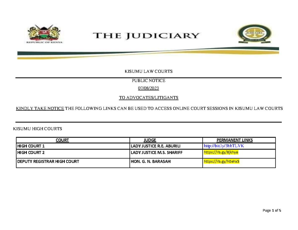 Amended Kisumu & Satellite Courts Virtual Links as at 31st August 2023 ...
