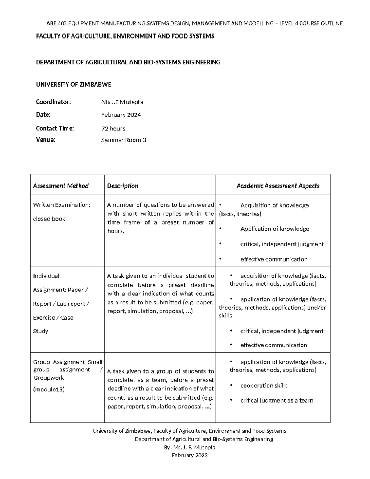 ABE 403 Equipment Mfg Systems Design Mgt Simulation Course Outline ...