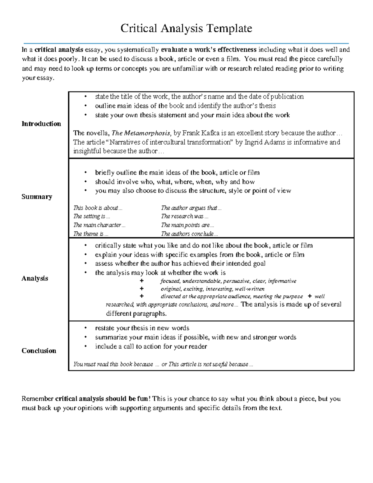 Critical Essay Outline Template Example Critical Analysis Template In