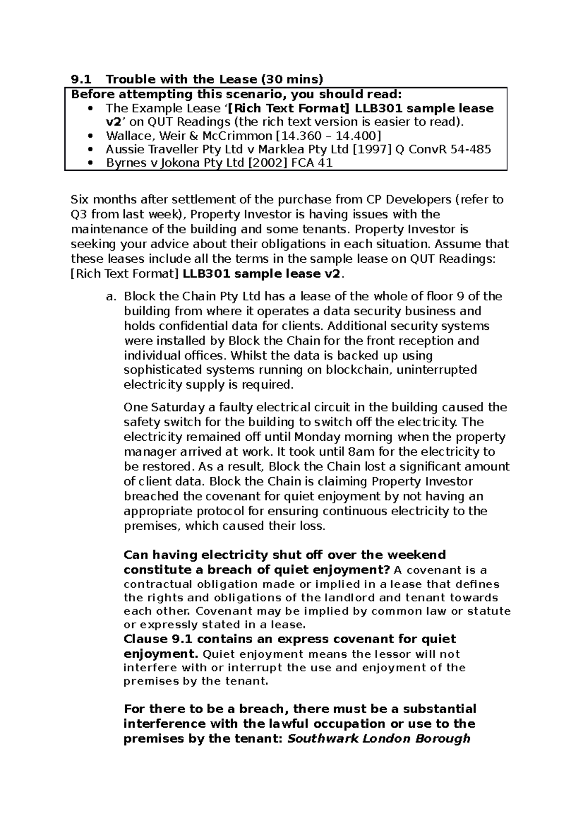 Tutorial week 10 2020 questions - 9 Trouble with the Lease (30 mins ...