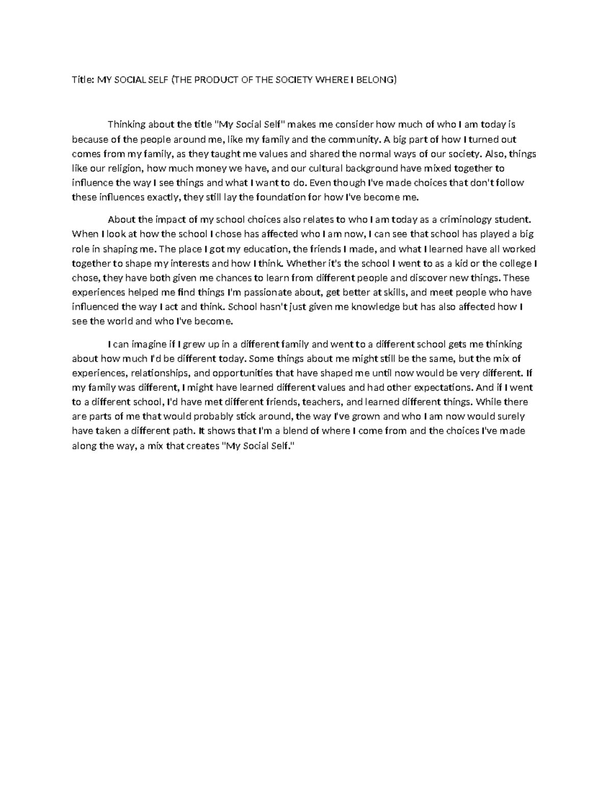 Reflection gwen - Title: MY SOCIAL SELF (THE PRODUCT OF THE SOCIETY ...