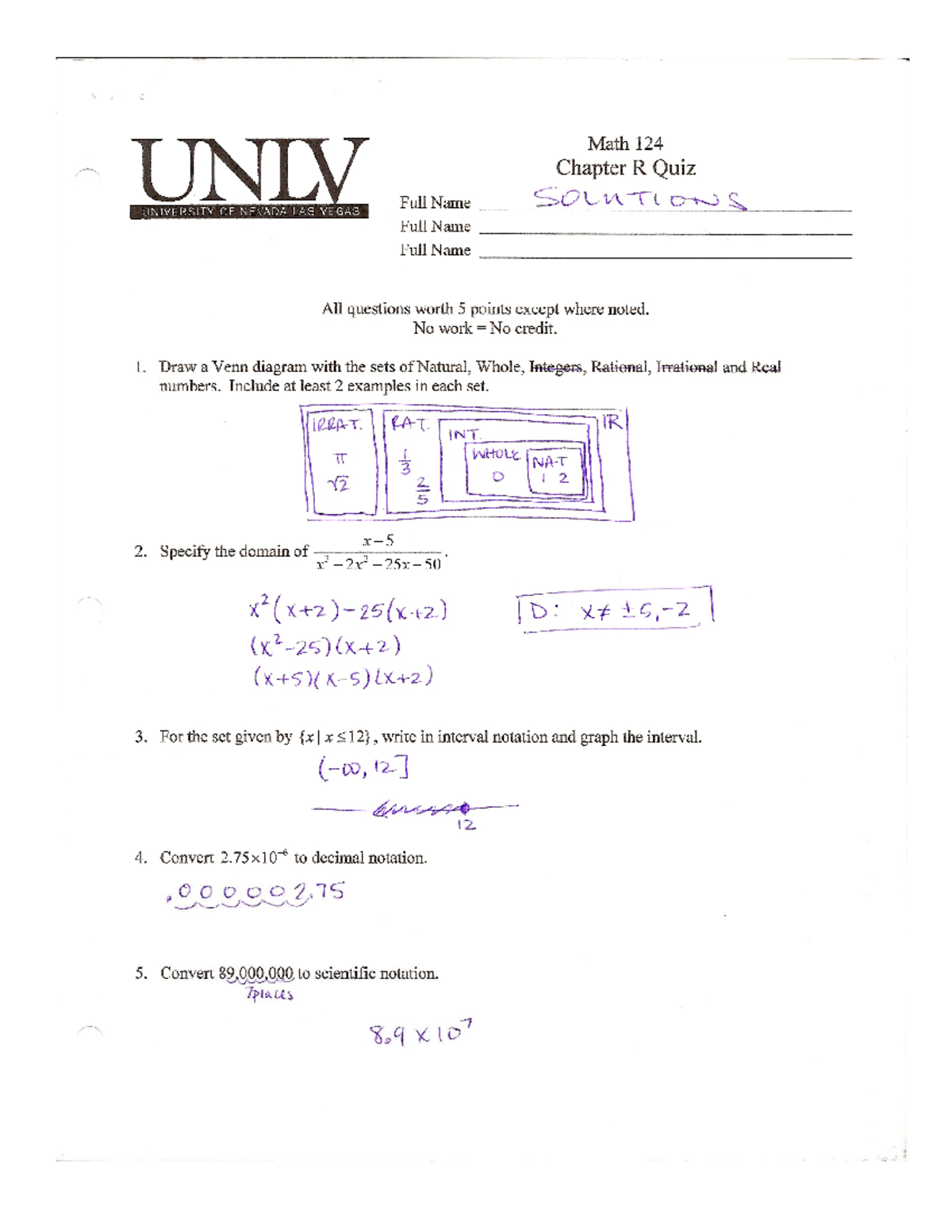 Quiz0R-Soln - Math 124 Chapter R Quiz Vk UNIVERSITY OF LAS VEGAS Full ...
