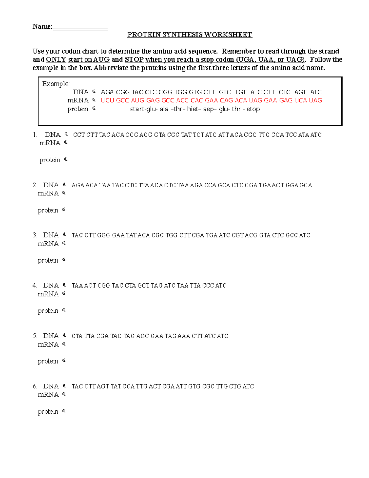 Protein-synthesis-worksheet - Name:_______________ PROTEIN SYNTHESIS WORKSHEET Use your codon ...