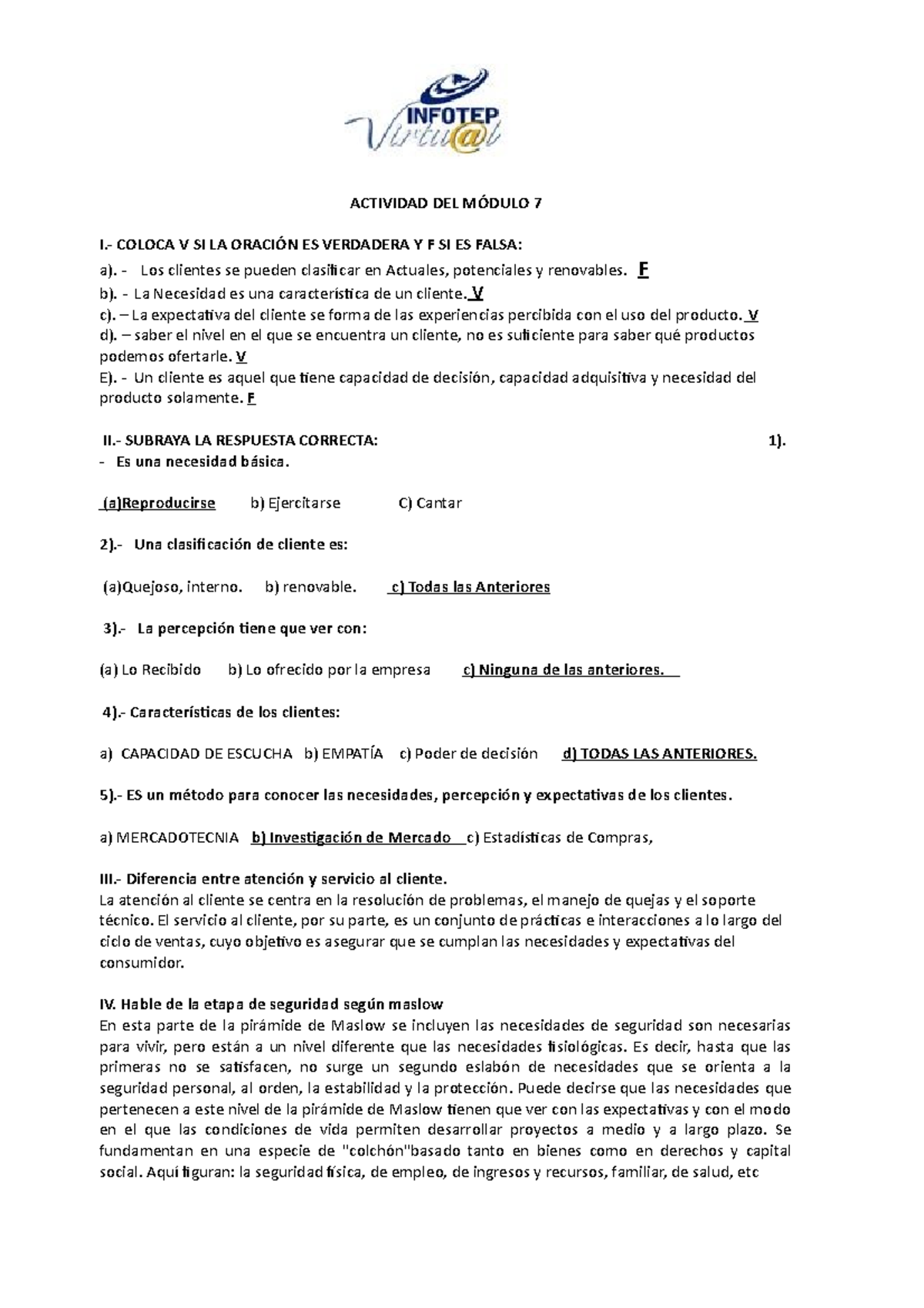 Actividad del modulo 7 - Jsjej - ACTIVIDAD DEL MÓDULO 7 I.- COLOCA V SI ...