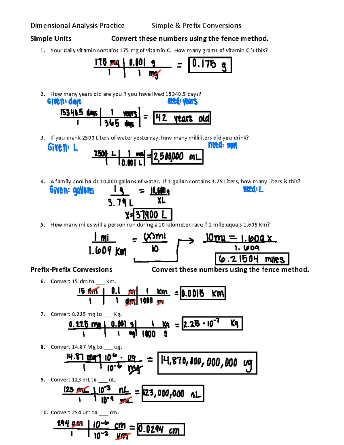 U1A Practice DA Simple & Prefix Acad - Dimensional Analysis Practice ...