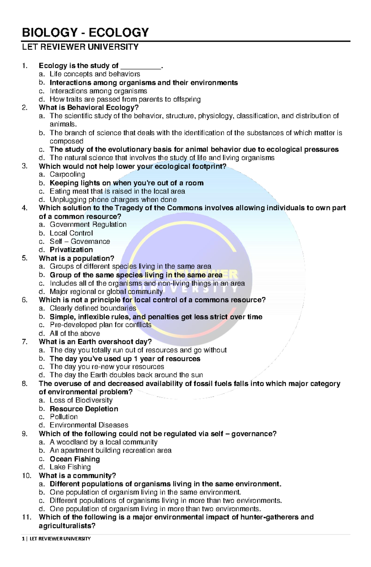 Ecology Reviewer A - BIOLOGY - ECOLOGY LET REVIEWER UNIVERSITY Ecology ...