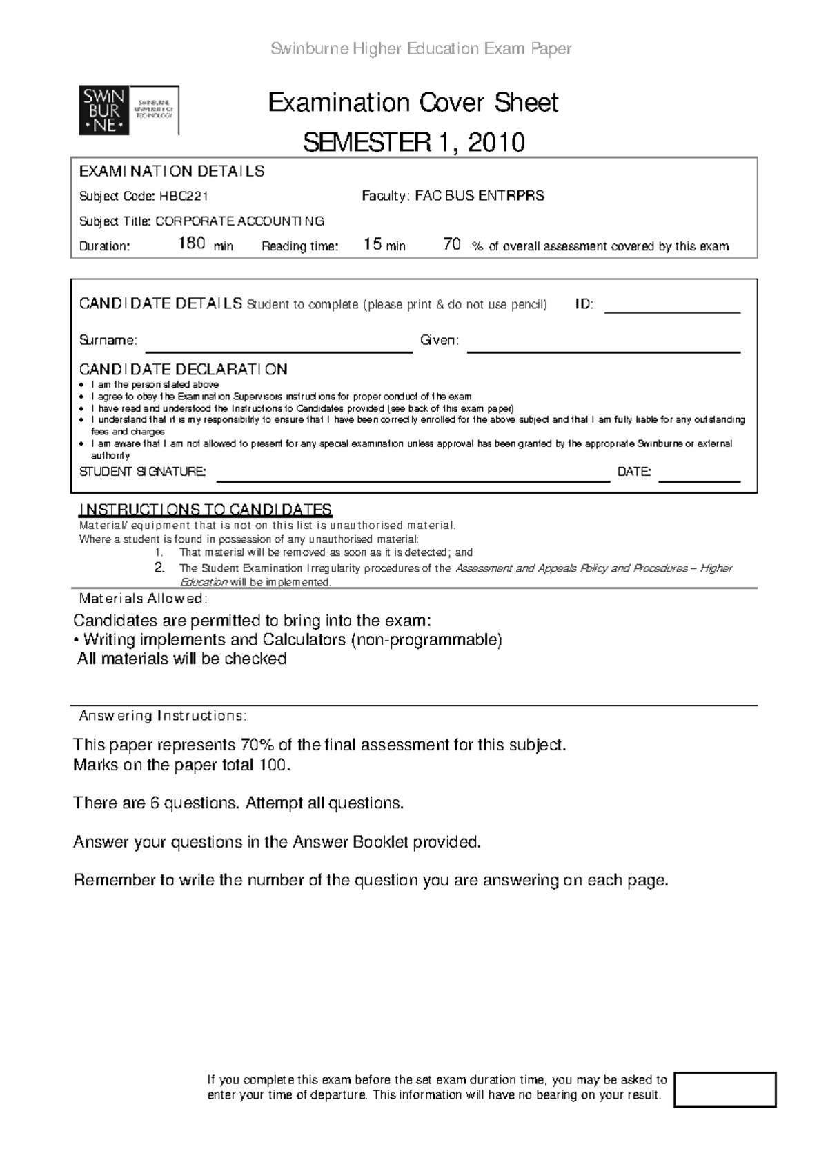 Hbc221 - Swinburne Higher Education Exam Paper I f you complete this ...