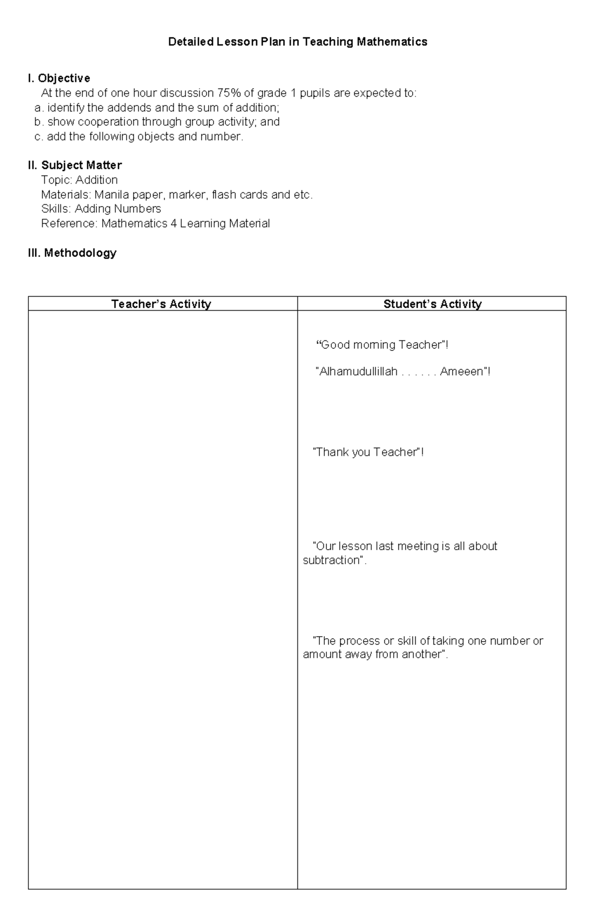 Detailed Lesson Plan in Teaching Mathematics - Objective At the end of ...
