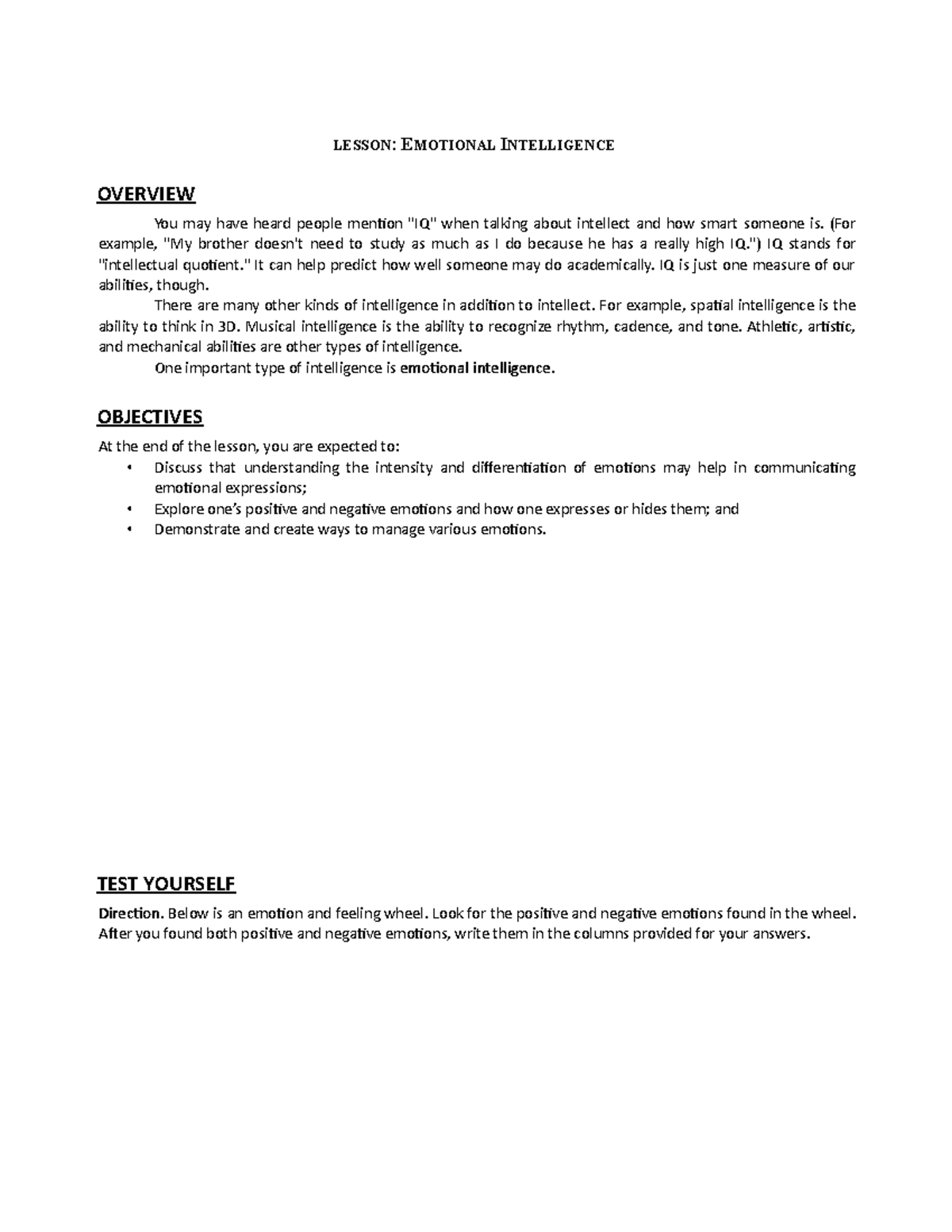 Perdev lecture - LESSON: EMOTIONAL INTELLIGENCE OVERVIEW You may have ...