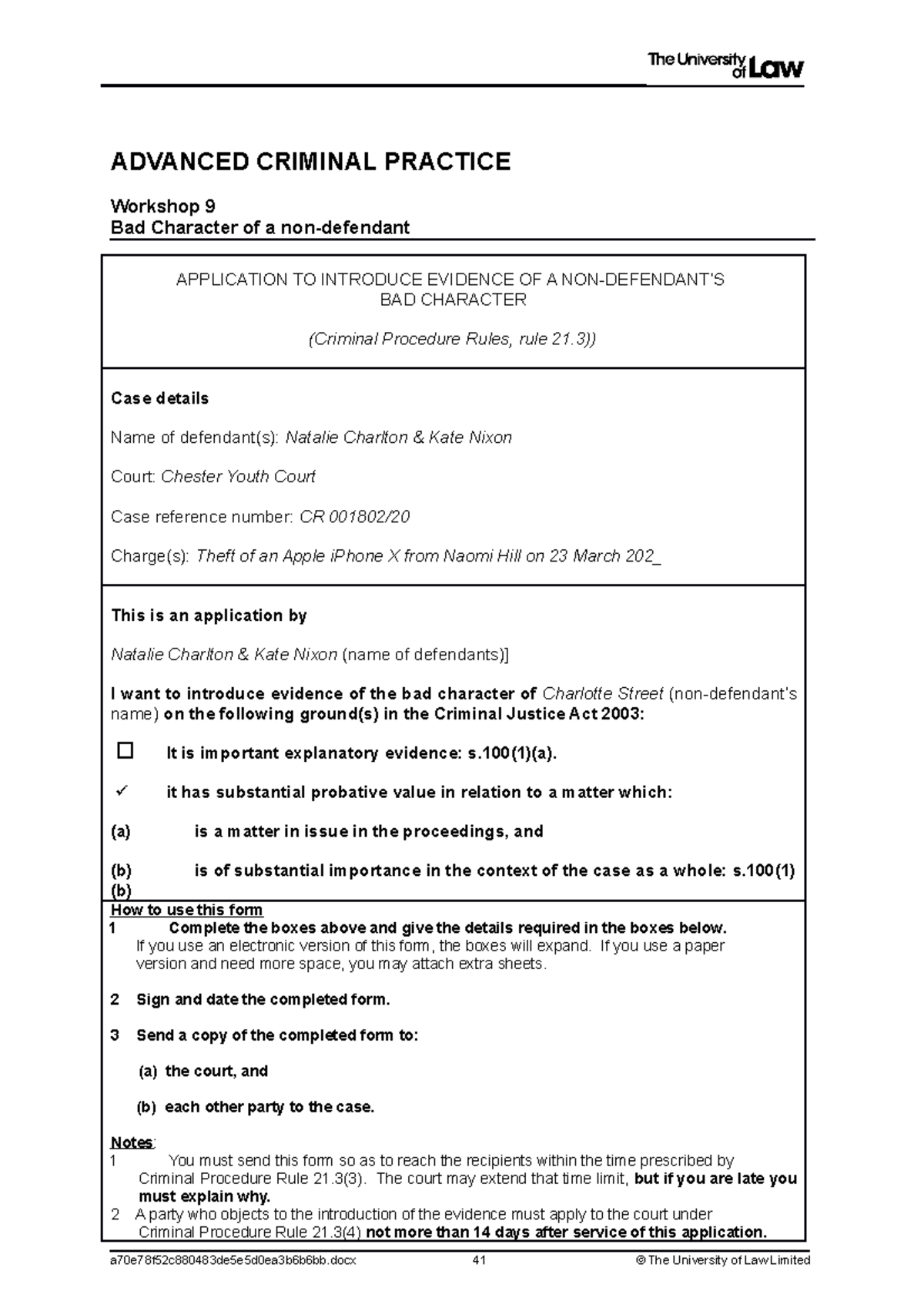 1920 acp ws09 ce02 bad character form - ADVANCED CRIMINAL PRACTICE ...