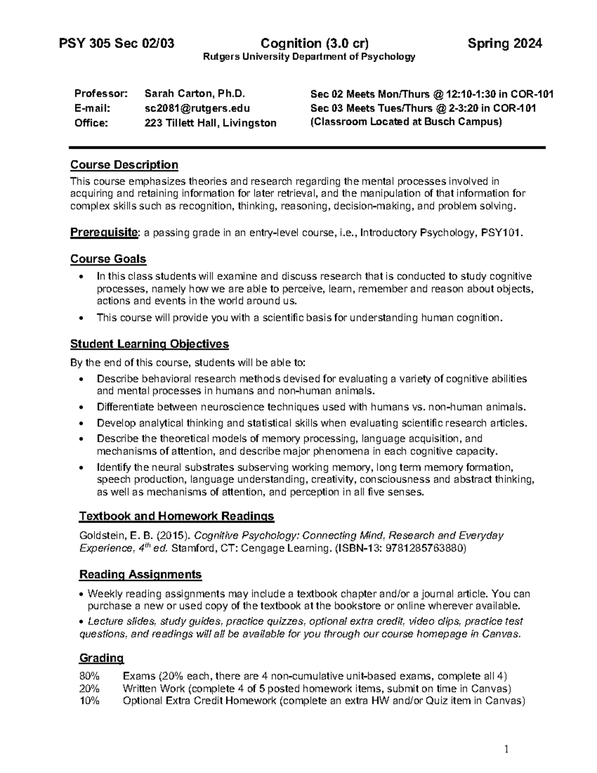 PSY305 Cognition Syllabus Carton Jan15 2024 - Rutgers University ...