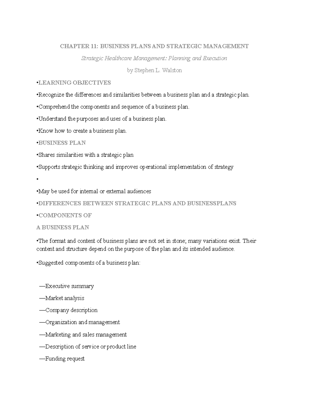 HCA 541 Ch 11 Notes - CHAPTER 11: BUSINESS PLANS AND STRATEGIC ...