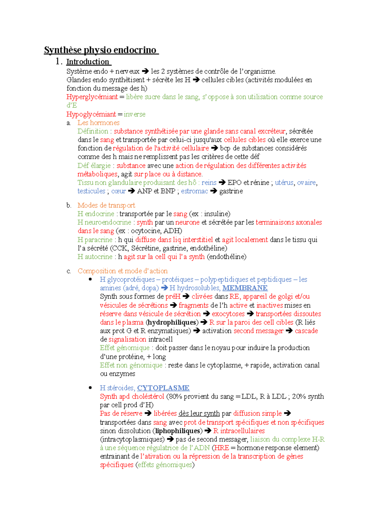 Synthèse physio endocrino - Introduction Système endo + nerveux les 2 ...