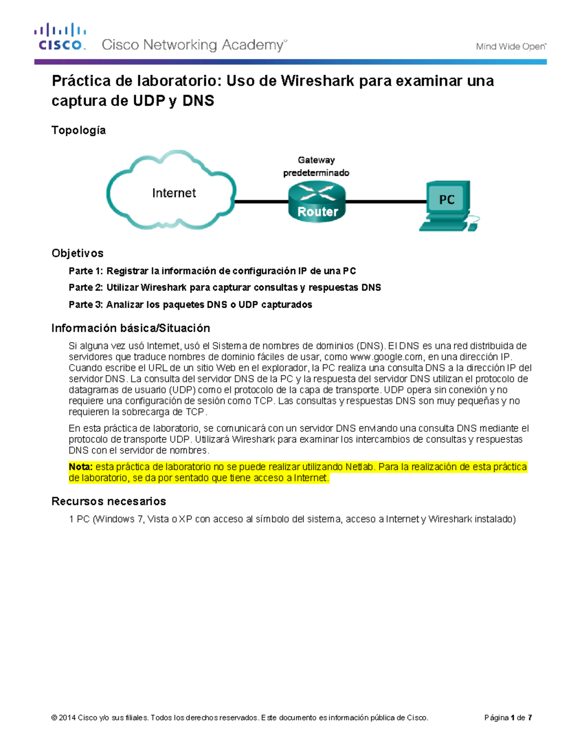 7.2.3.5 Lab - Using Wireshark to Examine a UDP DNS Capture - Práctica de laboratorio: Uso de ...