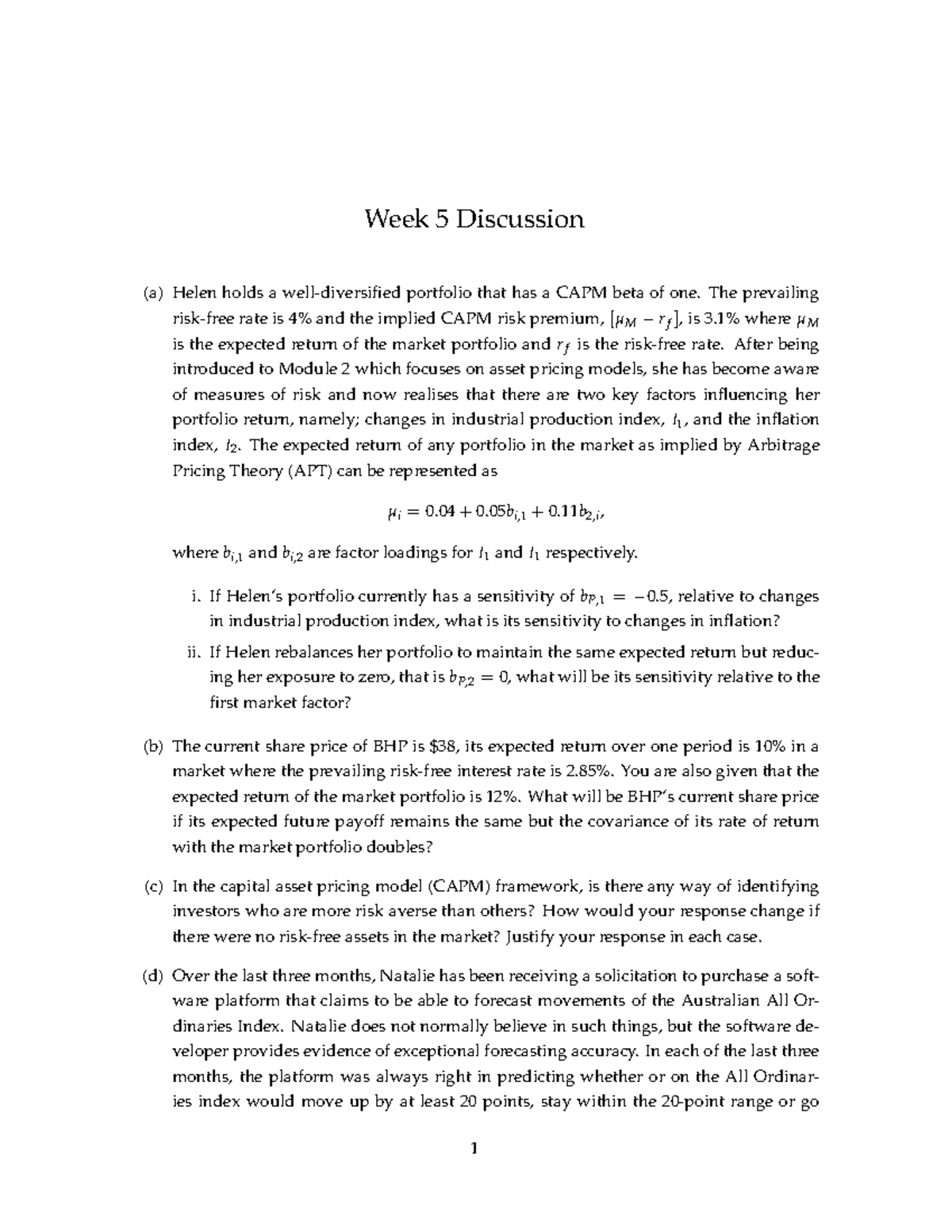 Week 5 Discussion Question Asset Pricing - Week 5 Discussion (a) Helen ...