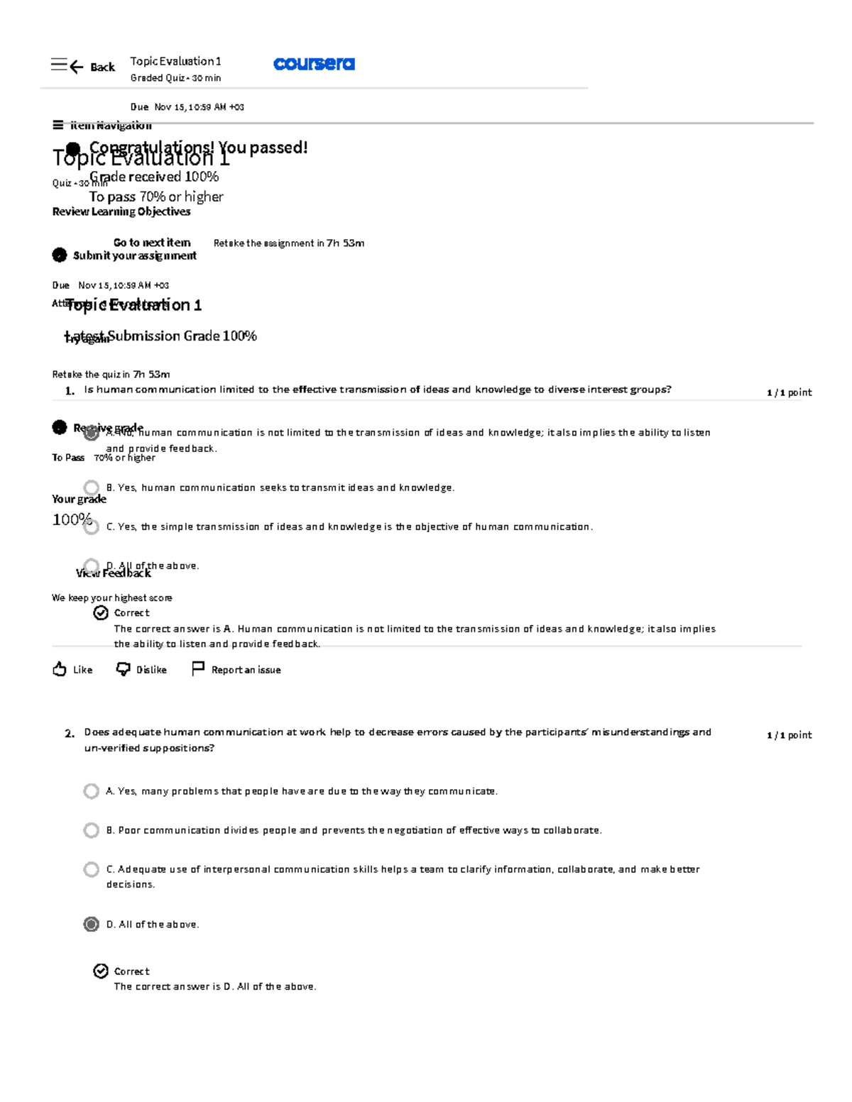 Topic Evaluation 1 Coursera - Topic Evaluation 1 Quiz • 30 min Item ...