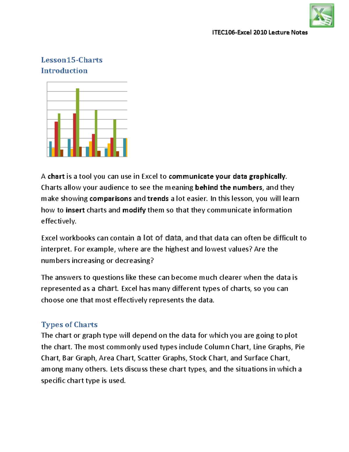 Ms Excel Lecture Notes Lesson15 Charts Introduction A Chart Is A Tool