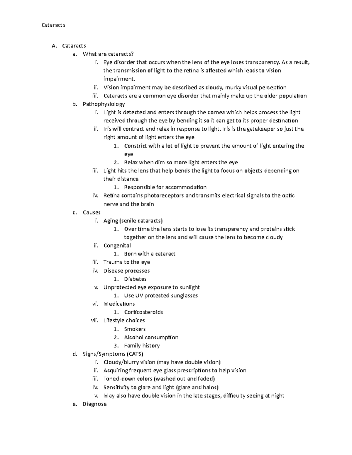 Cataracts Study Guide - Cataracts A. Cataracts a. What are cataracts? i ...