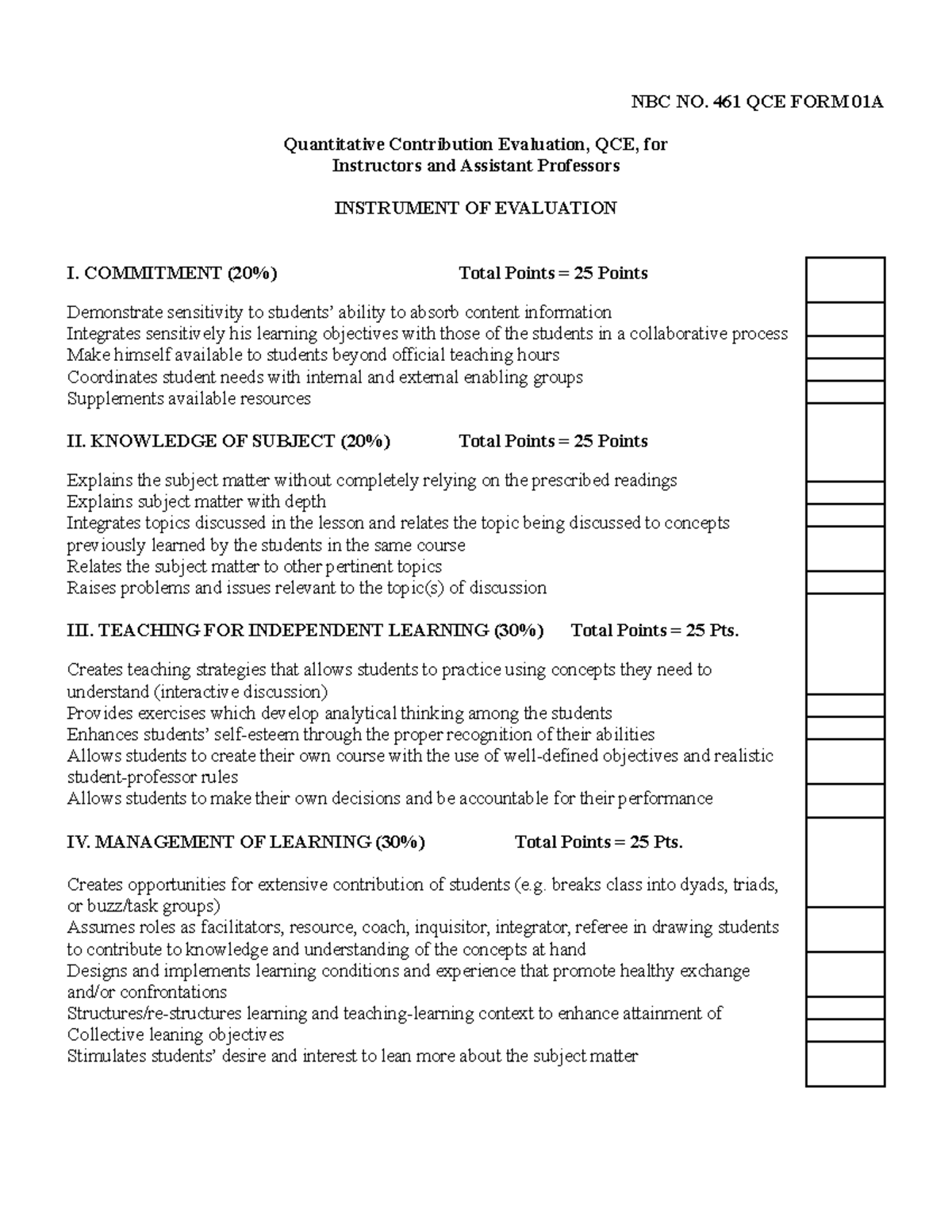 QCE Instructors and Assistant Professors - NBC NO. 461 QCE FORM 01A ...