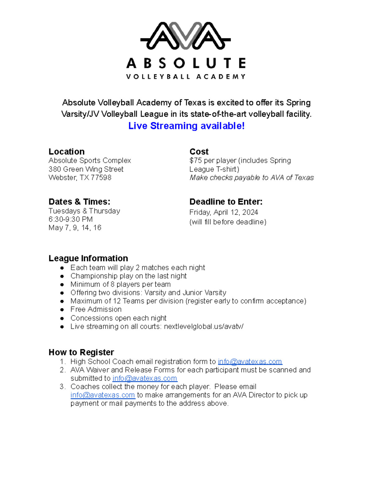 2024 AVA Spring HS League - Absolute Volleyball Academy of Texas is ...