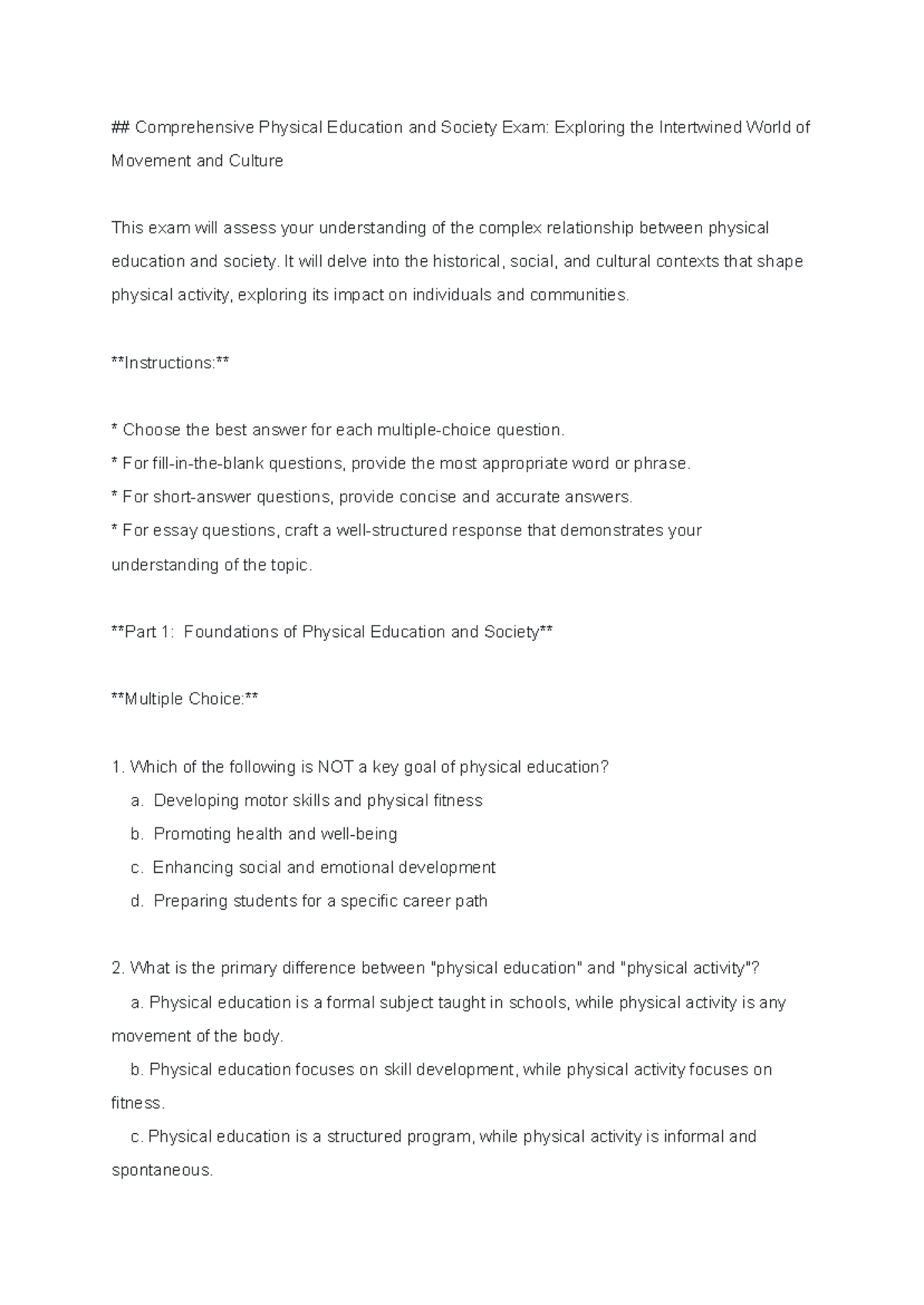 PE Quiz 8 - notes - Comprehensive Physical Education and Society Exam ...