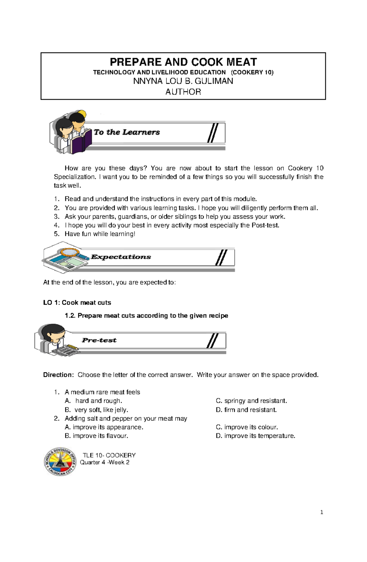 Quarter 4-Week 2 TLE-Cookery Grade 10 - TLE 10- COOKERY Quarter 4 ...
