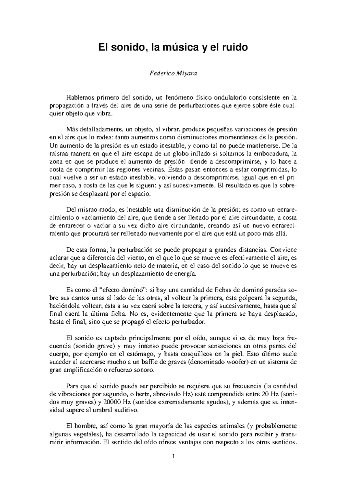 Lectura 1 Sonido, música y ruido - Federico Miyara - El sonido, la ...