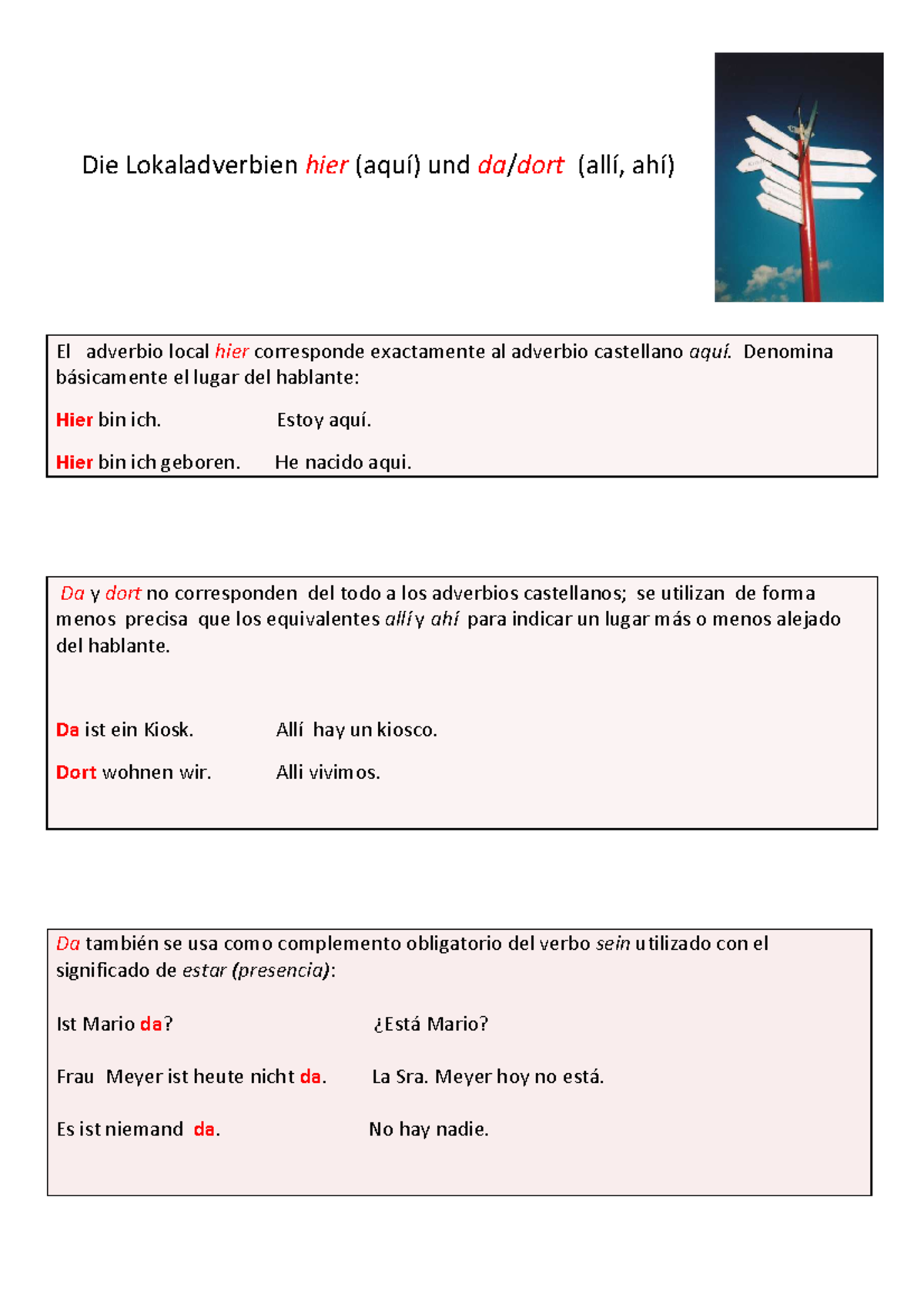 Lokaladverbien hier und da, dort - Die Lokaladverbien hier (aquí) und ...