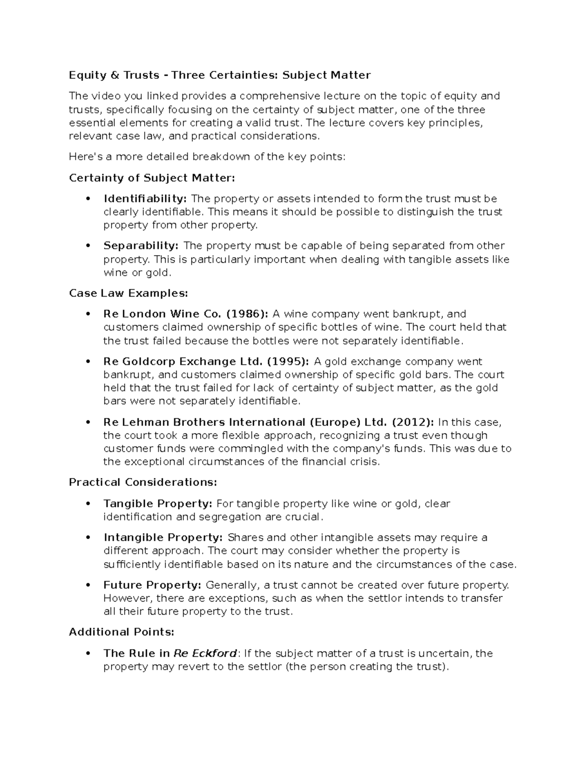 Equity Trusts - Three Certainties Subject Matter - Equity & Trusts - Three Certainties: Subject ...