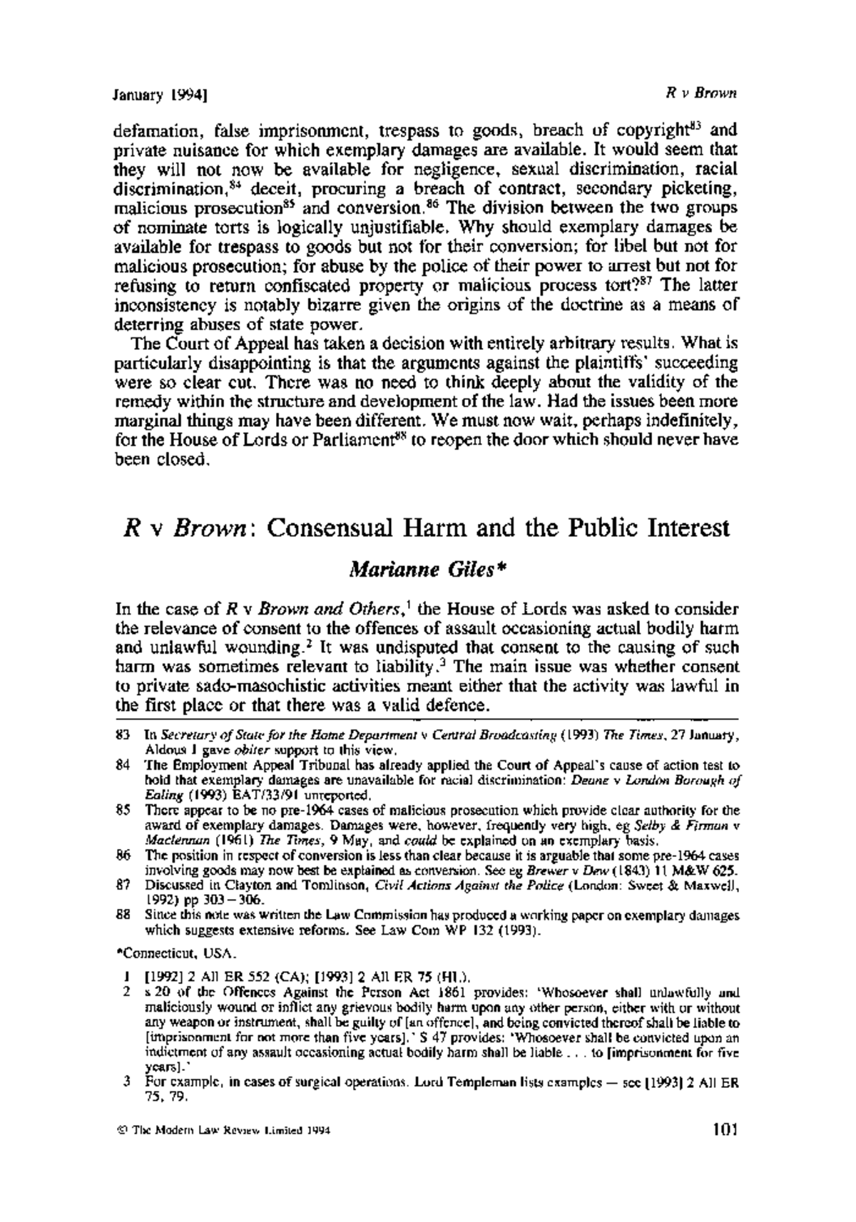 Modern Law Review - January 1994 - Giles - R v Brown Consensual Harm ...