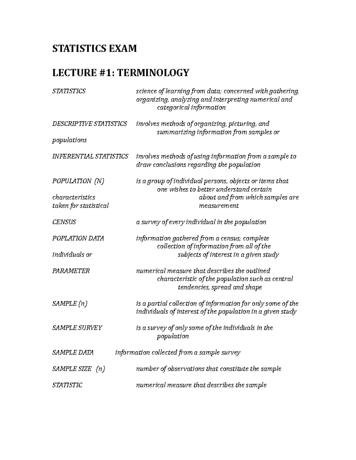 Statistics EXAM Review - STATISTICS EXAM LECTURE TERMINOLOGY STATISTICS ...