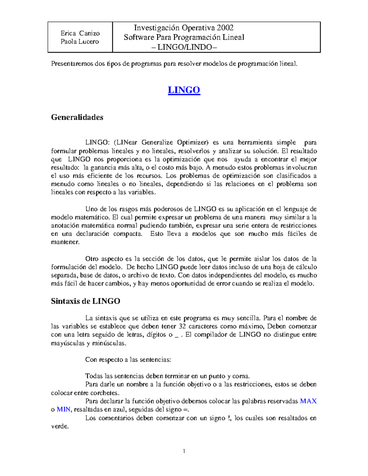 Lingo lindo - lingp - Software Para Programación Lineal – LINGO/LINDO ...