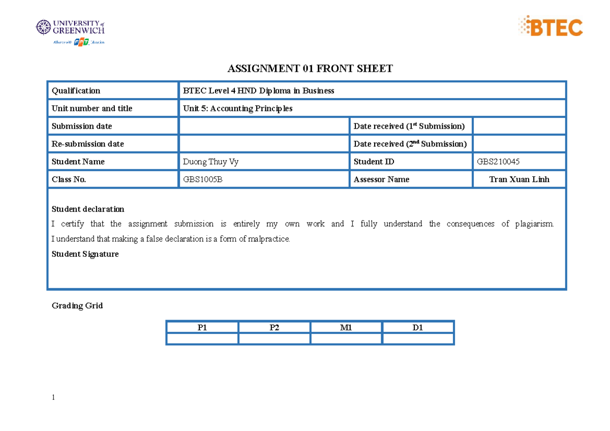 5038 Assignment 1 Front Sheet - ASSIGNMENT 01 FRONT SHEET Qualification BTEC Level 4 HND Diploma ...