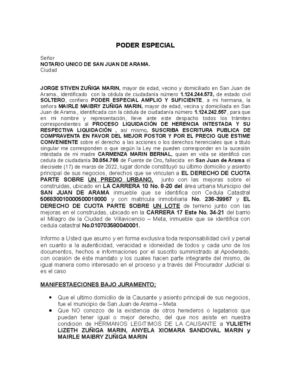 Minuta Poder Especial Señor Notario. Primera. – VACMTS