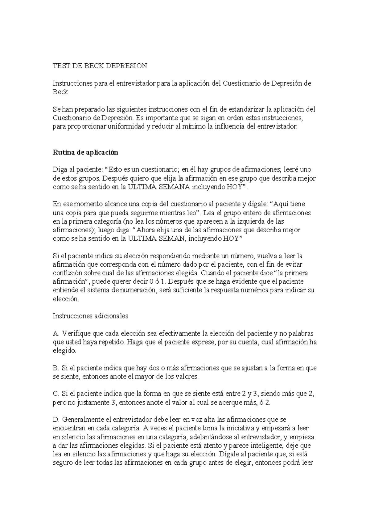 TEST DE BECK Depresion - Investigacion sobre el tema - TEST DE BECK ...