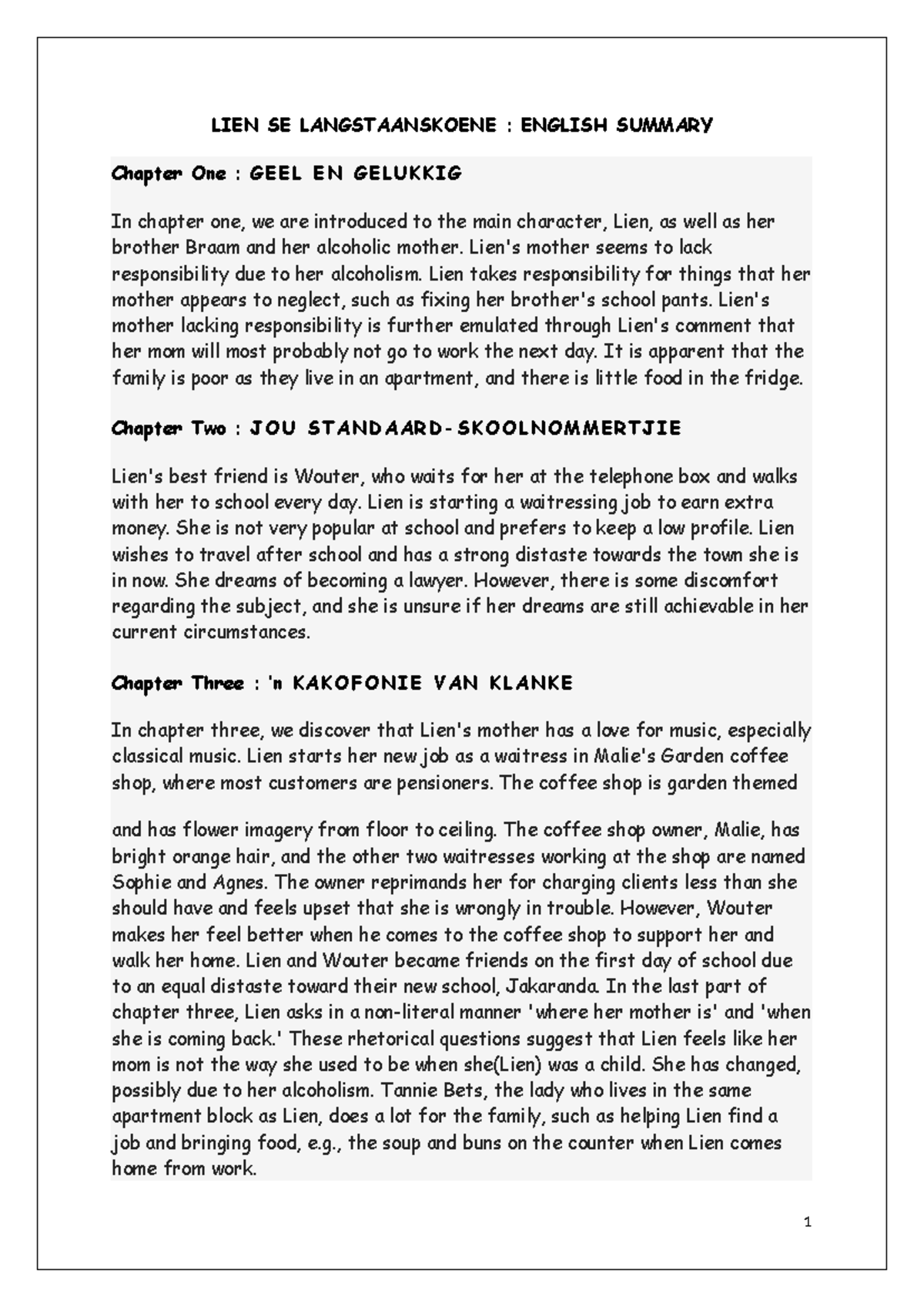 LIEN SE Langstaanskoene English Summary - LIEN SE LANGSTAANSKOENE : ENGLISH SUMMARY Chapter One ...