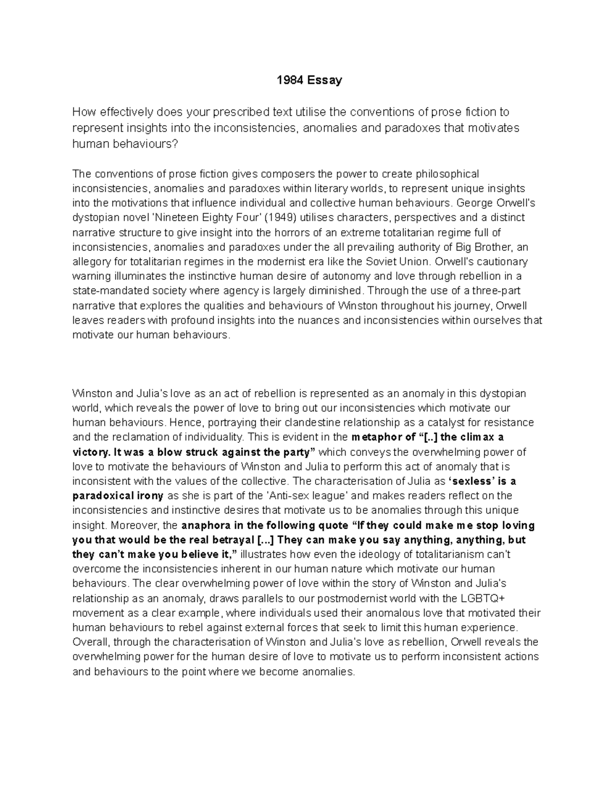 1984 Master Essay - 1984 Essay How effectively does your prescribed ...
