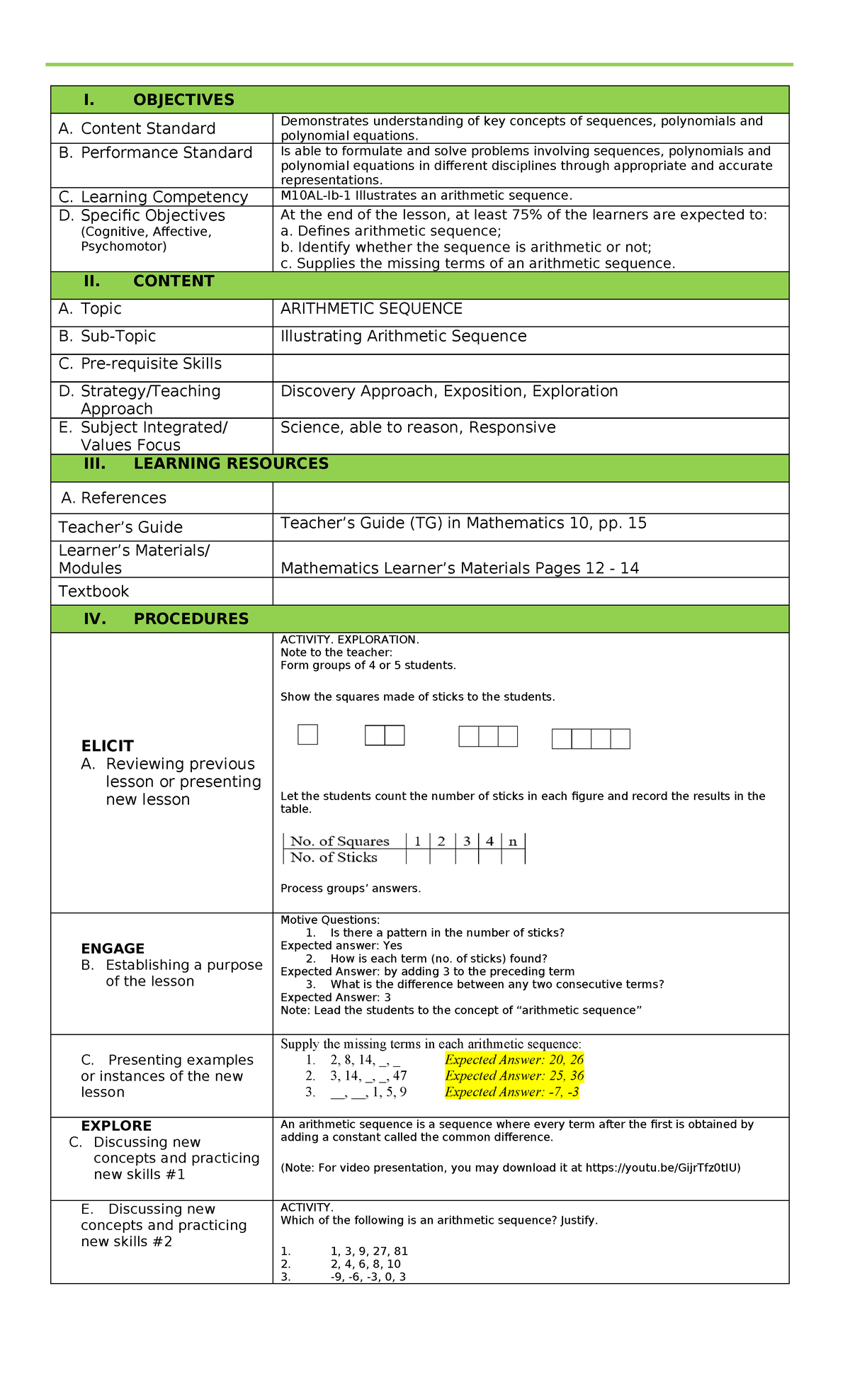 Arithmetic Sequence Intro LP - I. OBJECTIVES A. Content Standard ...