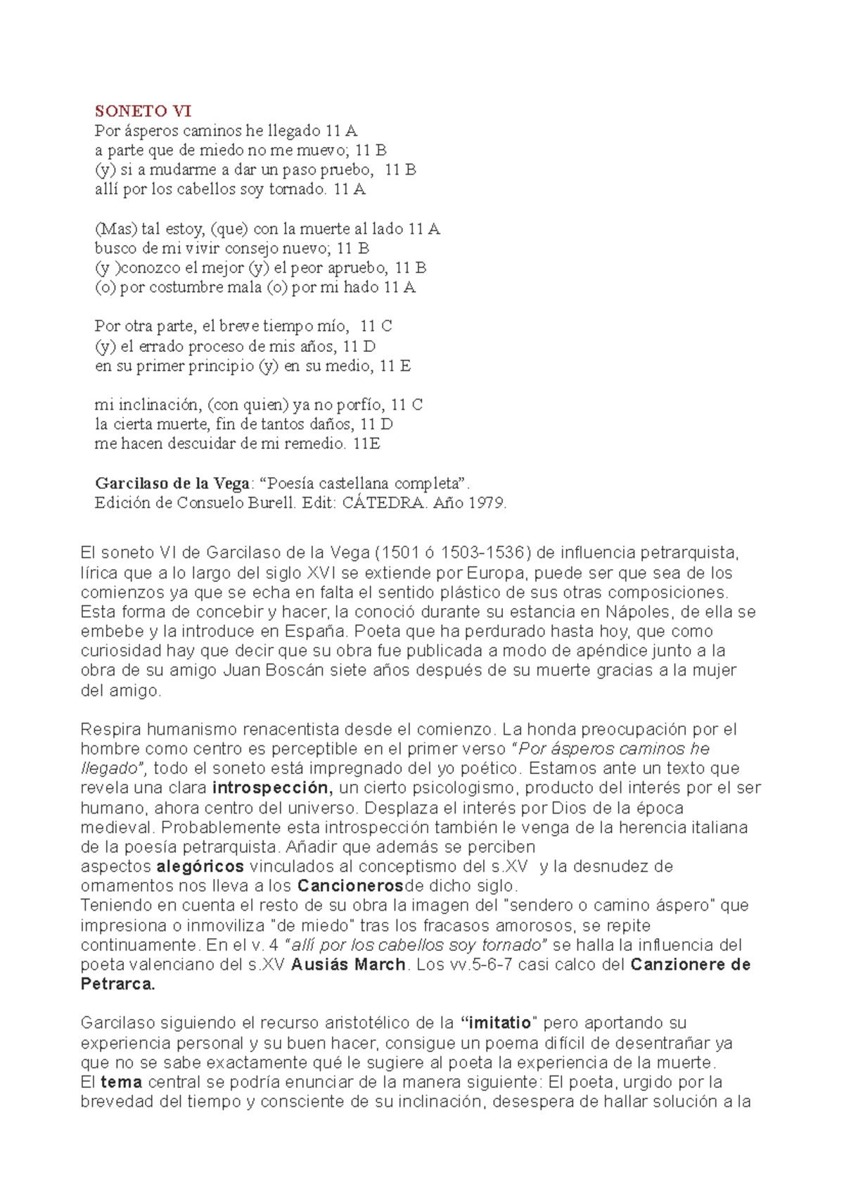 Soneto VI - Analisi essenziale - SONETO VI Por ásperos caminos he llegado 11 A a parte que de ...