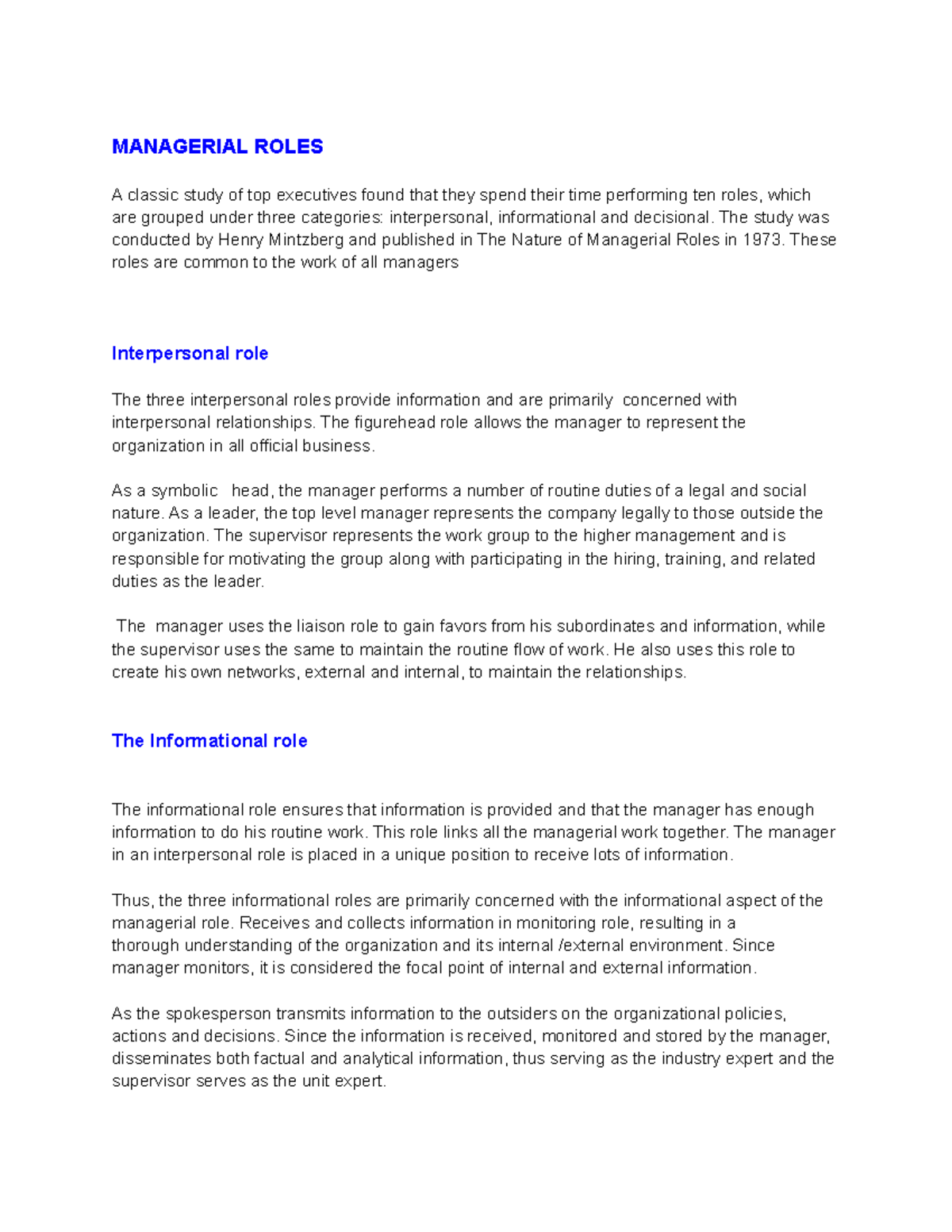 Managerial Roles and Skills - MANAGERIAL ROLES A classic study of top ...